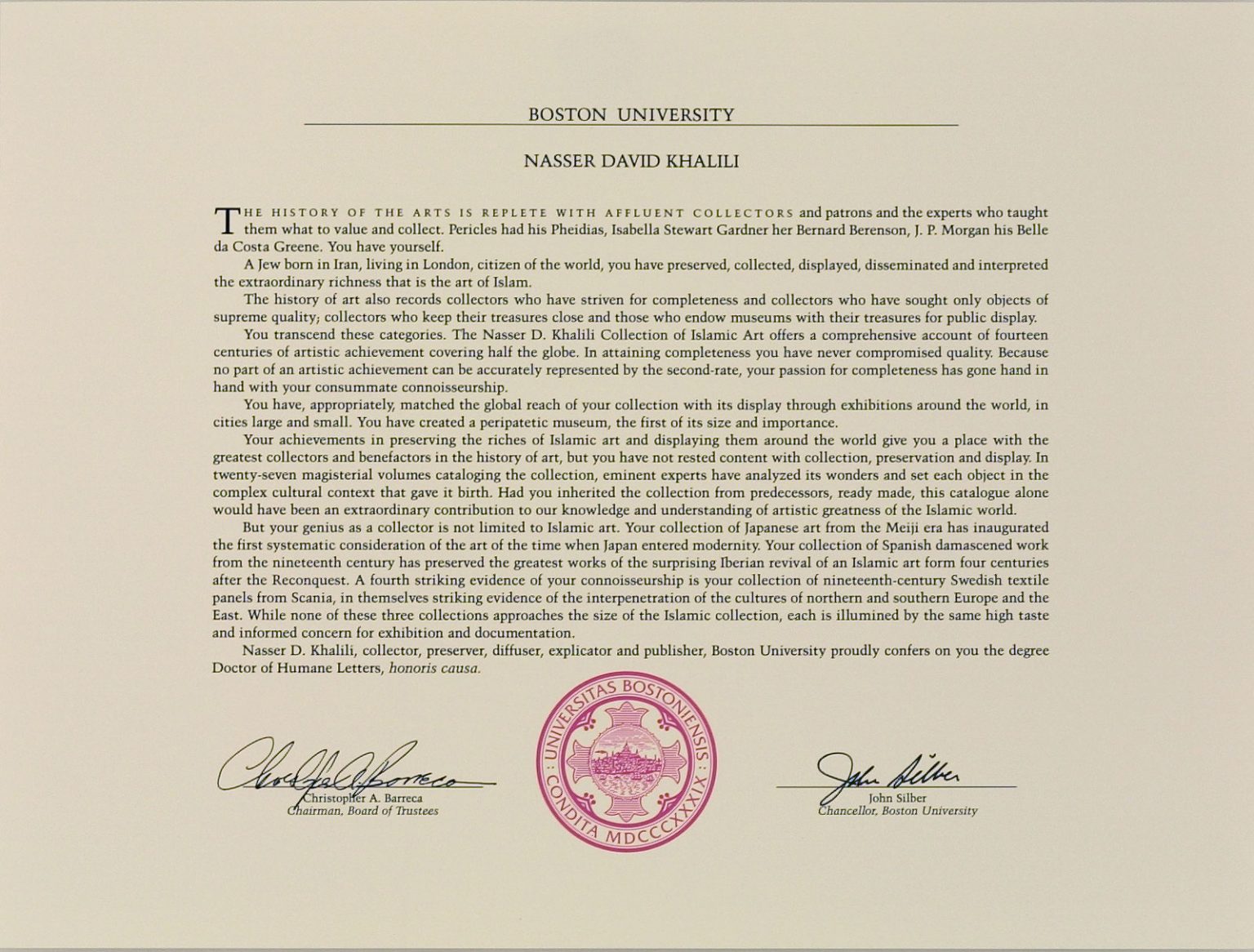 Nasser David Khalili | Honorary Degree Doctor of Humane Letters, Boston