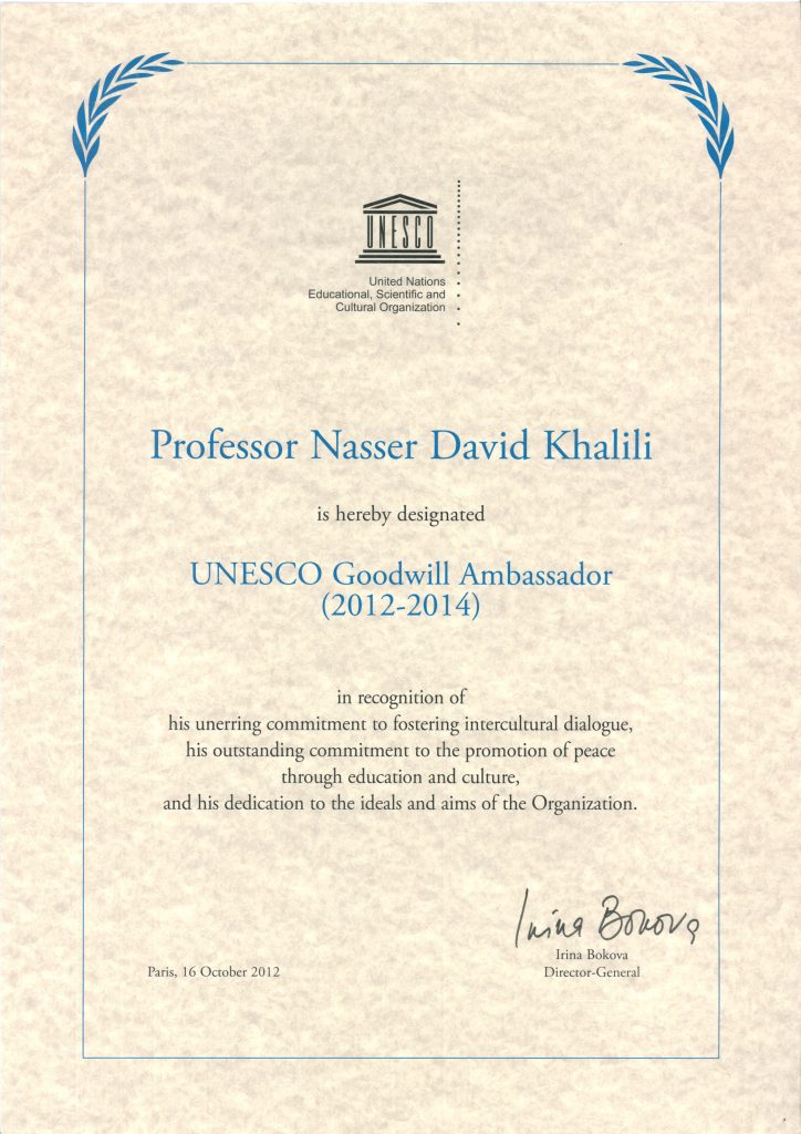 UNESCO Goodwill Ambassador Certificate - 2012 - Nasser David Khalili